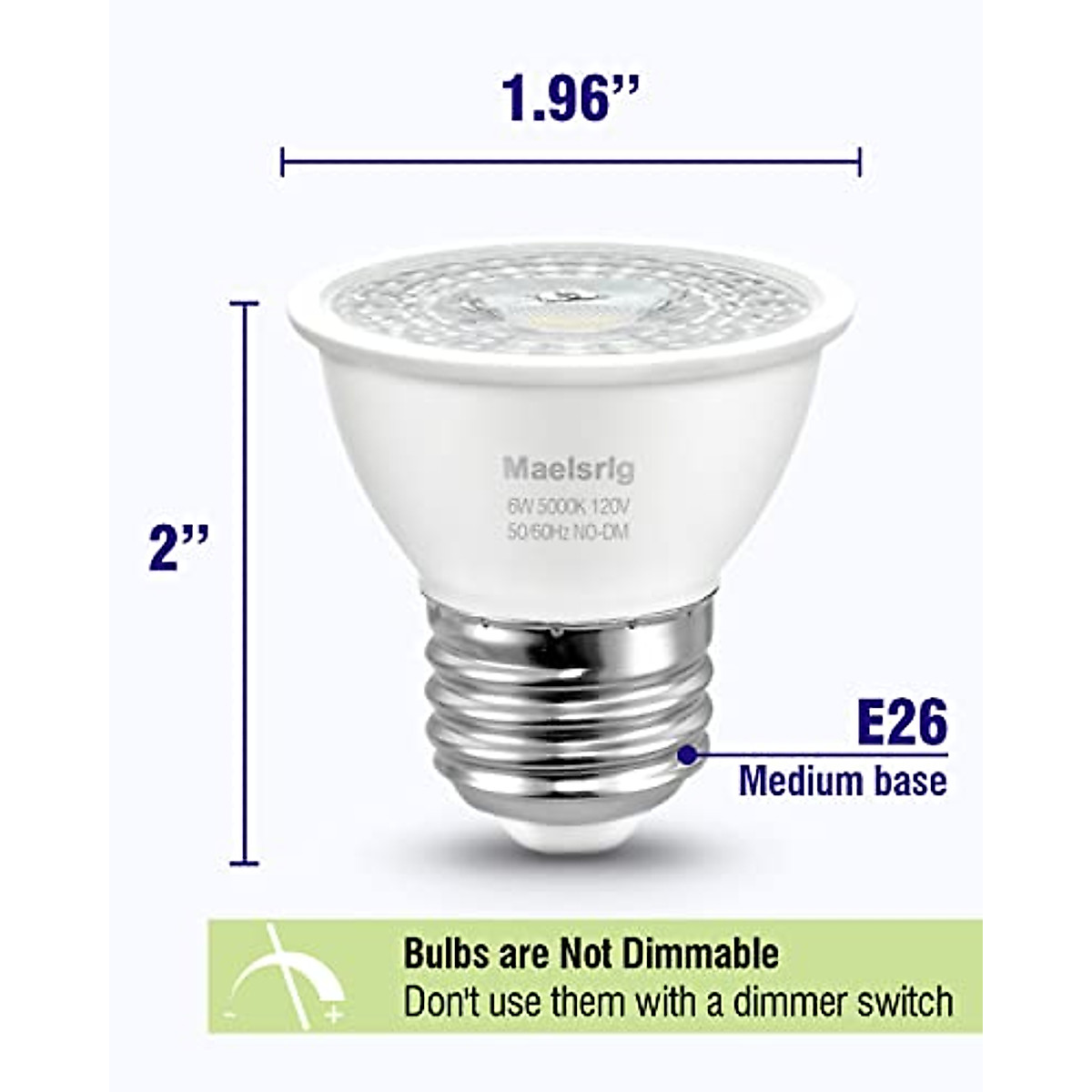 Maelsrlg PAR16 LED Short Neck Recessed Spotlight Bulb, 6W(60W Equivalent) Curio Cabinet Light Bulb, Flicker-Free, 600 Lumens, Daylight 5000K, E26 Medium Base, Non-Dimmable, 4-Pack