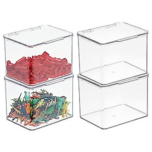 mDesign Plastic Playroom and Gaming Storage Organizer Box Containers with Hinged Lid for Shelves or Cubbies, Holds Small Toys, Blocks, Puzzles, Markers, Controllers, Lumiere Collection, 4 Pack, Clear