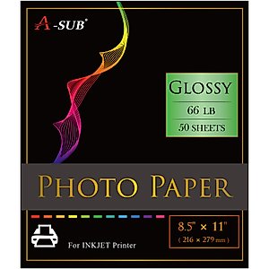 A-SUB Premium Photo Paper High Glossy 8.5x11 Inch 66lb for Inkjet Printers 50 Sheets,Single Sided