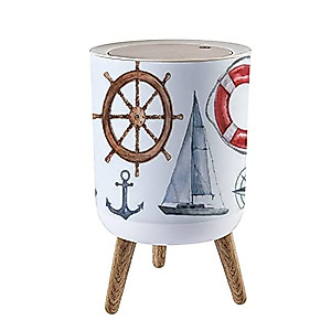 Trash Can with Lid Watercolor Hand Drawn Nautical Marine with Lighthouse Lifebuoy Anchor Press Cover Small Garbage Bin Round with Wooden Legs Waste Basket for Bathroom Kitchen Bedroom 7L/1.8 Gallon
