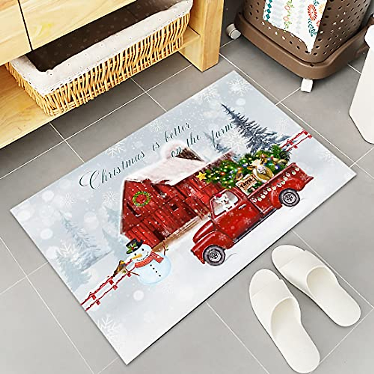 2 Piece Farm Animal Kitchen Rug Set Merry Christmas Indoor Floor Mats for Winter, Xmas Door Mat Runner Rug Carpet Mat for Kitchen Home Decor (15.7" x 23.6"+15.7" x 47.2") - Red Truck Snowy Retro Barn