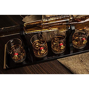 Shotgun Gun Large Whiskey & Wine Decanter Set Bullet Glasses - Limited Edition Elegant Rifle Gun Whiskey Decanter 22.5" With 4 Shotgun Bullet Whiskey Glasses and Mohogany Wooden Base The Wine Savant