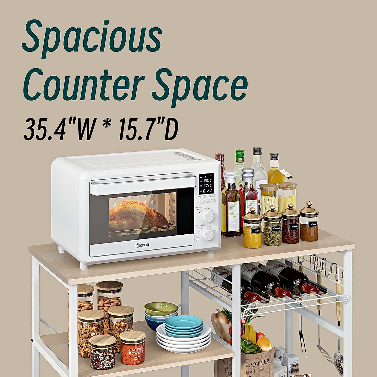 Wellynap Bakers Rack, 3-Tier Microwave Stand for Kitchens with Storage, Utility Storage Shelf with 5 Hooks and Basket for Spice Rack, White Oak