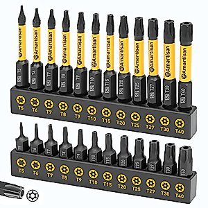 Torx Bit Set, Amartisan 24-Piece Security and Tamper Resistant Star Bits Set S2 Steel, 1" and 2.3" Long T5 - T40