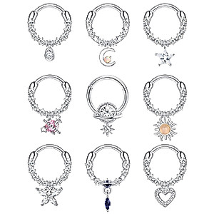 CASSIECA 16G Septum Rings Stainless Steel Dangle Septum Jewelry with Blue Plant Teardrop Clear CZ Butterfly Heart Moon Sun Daith Cartilage Helix Tragus Earrings Nose Rings Piercing Jewelry for Women