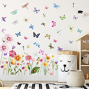 Flowers Butterflies Wall Decals Chrysanthemums Dragonflies Rose Botanical Wall Stickers Fairy Decals PVC Removable Wall Art Decals for Girls Bedroom Nursery Decor, 23.6 x 11.8 Inch (Cute Style)