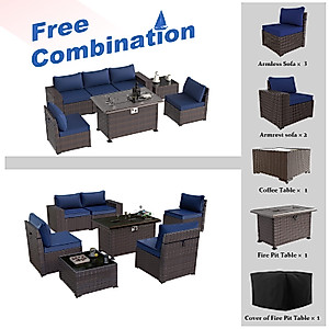 ALAULM 7 Pieces Patio Furniture Set with Propane Fire Pit Table Outdoor Sectional Sofas Outdoor Patio Furniture 43in Gas Fire Pit Patio Conversation Set w/5 Cushions-Navy Blue