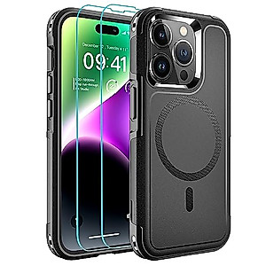 SUPFINE for Magnetic iPhone 14 Pro Case (Compatible with MagSafe) (10 FT Military Dropproof) 2X (Tempered Glass Screen Protector) Non-Slip Phone Case Cover,Black