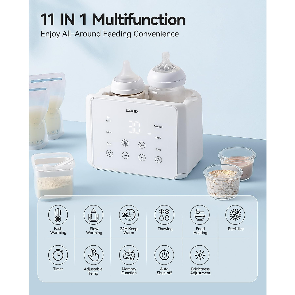 Larex Double Bottle Warmer, 11-in-1 Fast Baby Bottle Warmer for Breastmilk and Formula, with Timer, Fits 2 Bottles, Accurate Temp Control, Milk Warmer with Thaw, Steri-lizing, Keep Warm, Heat Food