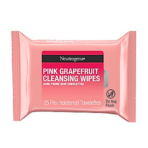 Neutrogena Oil-Free Facial Cleansing Makeup Wipes with Pink Grapefruit, Disposable & Pre-Moistened Daily Acne Face Towelettes to Remove Dirt, Oil & Makeup for Acne Prone Skin, 25 ct