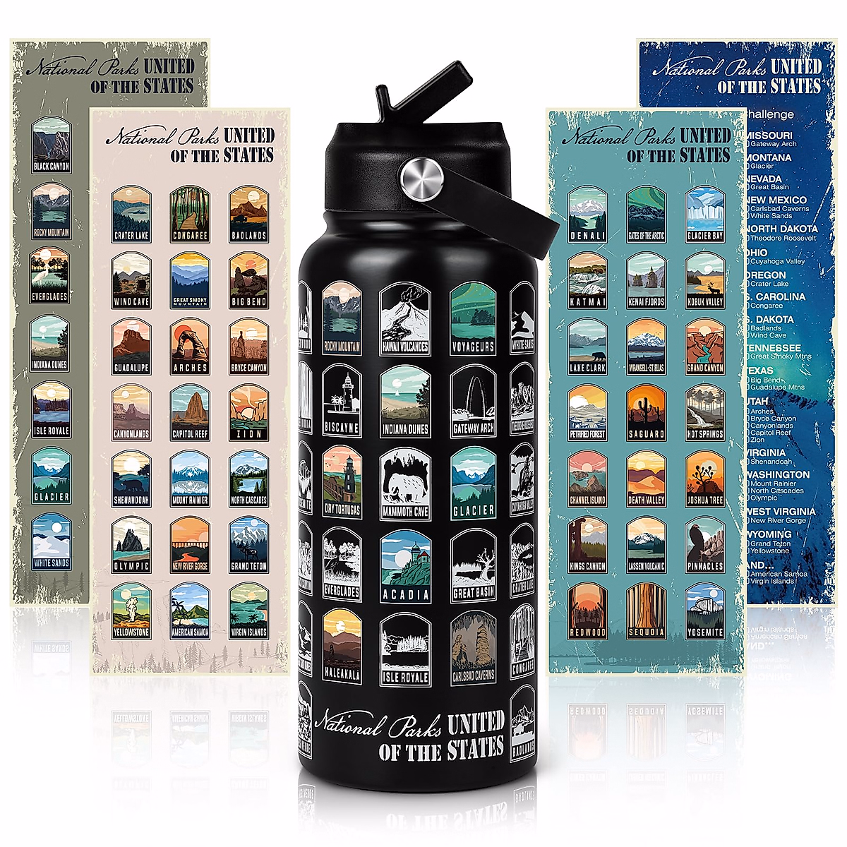 National Parks Water Bottle with Stickers | 32oz Leakproof Insulated Stainless Steel with Straw | Perfect for Hiking, Camping & Travel (Black)