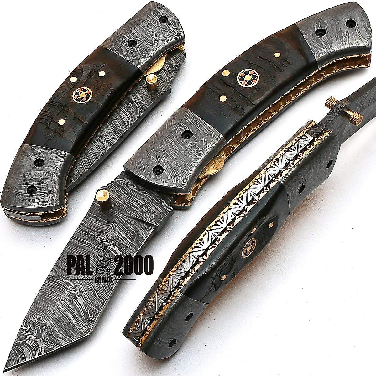 PAL 2000 KNIVES REG-8851 Custom Handmade Damascus Steel Folding Ram Handle Knife With Sheath