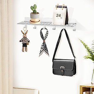 Wall Hooks with Shelf, Small Rustic Wood Key Rack with 6 Hooks, Metal Coat Rack with Shelf Wall-Mounted, Entryway Hanging Shelf, Organizer for Living Room Bedroom Bathroom Office Home Decor(Silvery)