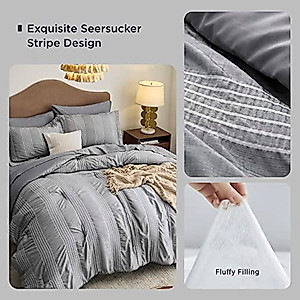Bedsure Bed in a Bag Queen - Queen Comforter Set 7 Pieces Stripes Seersucker Bedding Set, Soft Lightweight Down Alternative Comforter, Queen Bed Set (Smoky Grey, Queen 88 x 88 Inch)