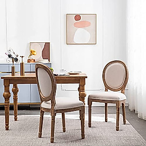 XRHOM Dining Chairs French Upholstered Farmhouse Dining Room Chairs Linen Fabric Round Backrest Carving Solid rubberwood Leg for Bedroom Kitchen Restaurant Chairs, Set of 2, Beige
