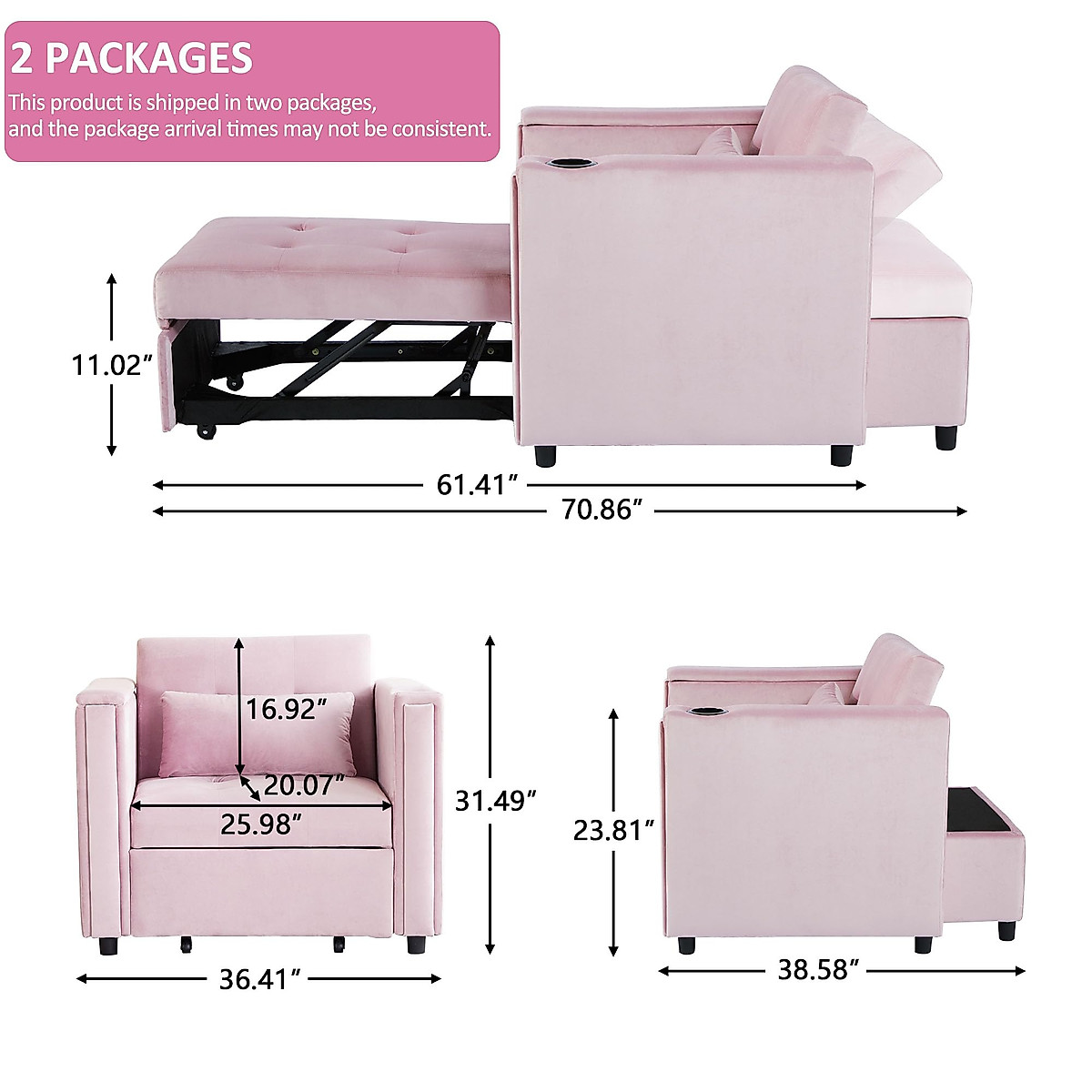 weselon Velvet Convertible Chair Bed, 3 in 1 Multi-Functional Lounge Chair Sleeper, Pull Out Couch Guest Bed with Hidden Table and Adjustable Backrest for Living Room Small Space Apartment (Pink)