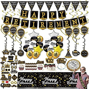 Happy Retirement Party Decorations supplies - (80pack) black gold party Banner, Pennant, Hanging Swirl, retirement balloons, Tablecloths, cupcake Topper, Crown, plates, Photo Props, retired Sash