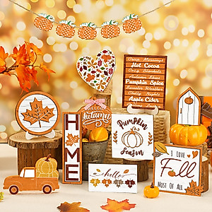 Amyhill 15 Pcs Thanksgiving Tiered Tray Decor Set Fall Tiered Tray Decor Rustic Pumpkin Maple Leaf Truck Table Centerpieces Harvest Wood Blocks Signs for Home Fall Decorations