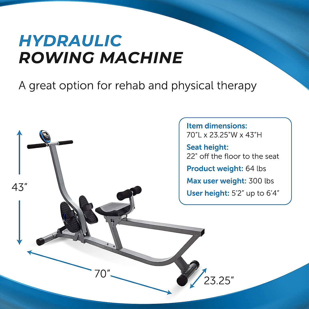 Stamina Easyrow Hydraulic Rower Machine with Smart Workout App - Rowing Machine with Adjustable Resistance for Home Gym Fitness - Up to 300 lbs Weight Capacity