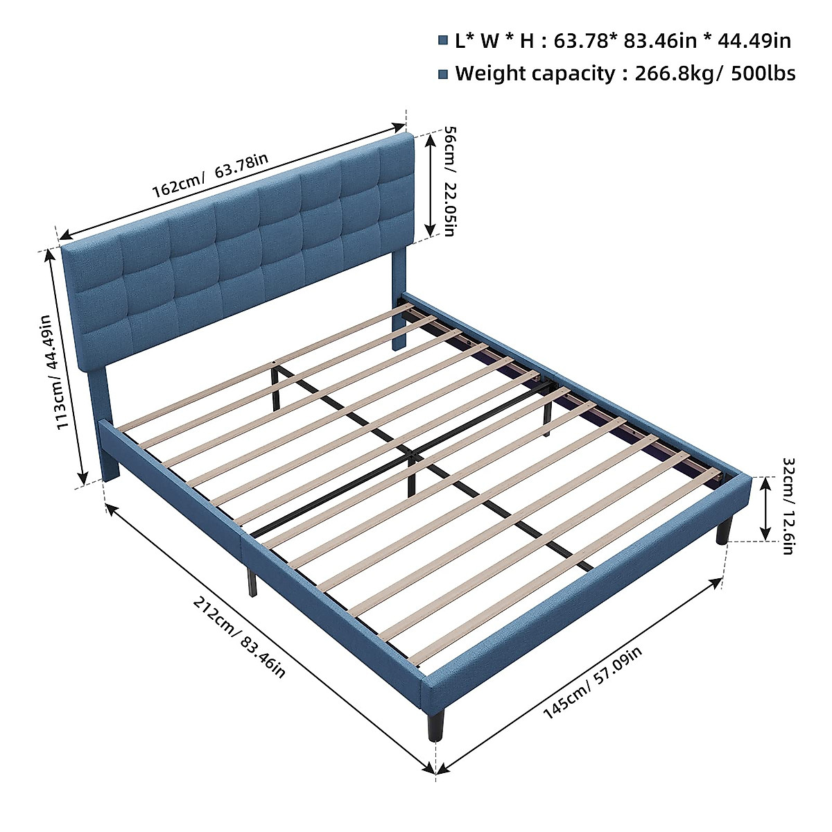 Yone jx je Queen Bed Frame with Lights,Upholstered Platform Bed Frame,Upholstered Queen Size Bed Frame,Mattress Foundation,Box Spring Needed,Easy Assembly (Blue)