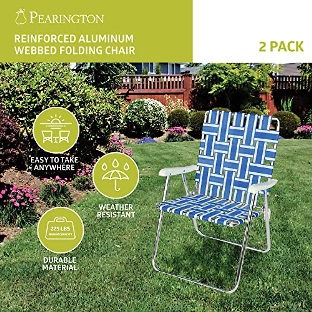 Pearington Reinforced Aluminum Lawn/Patio Set, 2 Pack Blue Webbed Folding Chair, Large