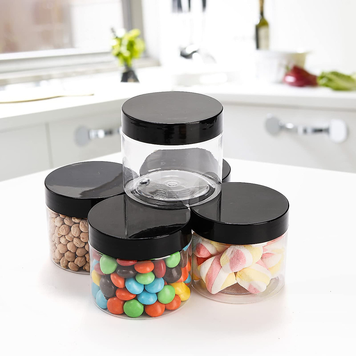 Tosnail 24 Pack 5 oz Clear Plastic Jars with Black Lids, Leak-Proof Round Food Safe Storage Container Can for Kitchen Use, Beauty Products, Spices and More