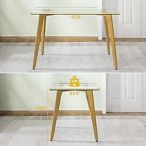 Bacyion Glass Dining Table - 47 Inch Kitchen Table for 2 or 4, Modern Rectangle Dinner Tables with Metal Legs, Wood Skin, Small Dining Room Table for Apartment or Small Spaces,Easy Assembly, Natural