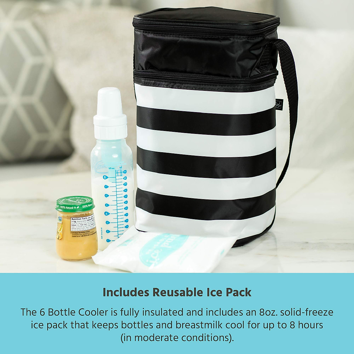 J.L. Childress 6 Bottle Cooler, Insulated Breastmilk Cooler and Lunch Bag for Baby Food and Bottles, Leak-Proof and Heat-Sealed, Ice Pack Included, Black Stripe