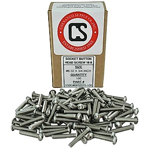 Stainless #6-32 x 3/4" (3/8" to 2" Available) Socket Button Head Cap Screws, Full Thread, Hex Drive, Stainless Steel 18-8, Machine Thread (6-32 x 3/4")