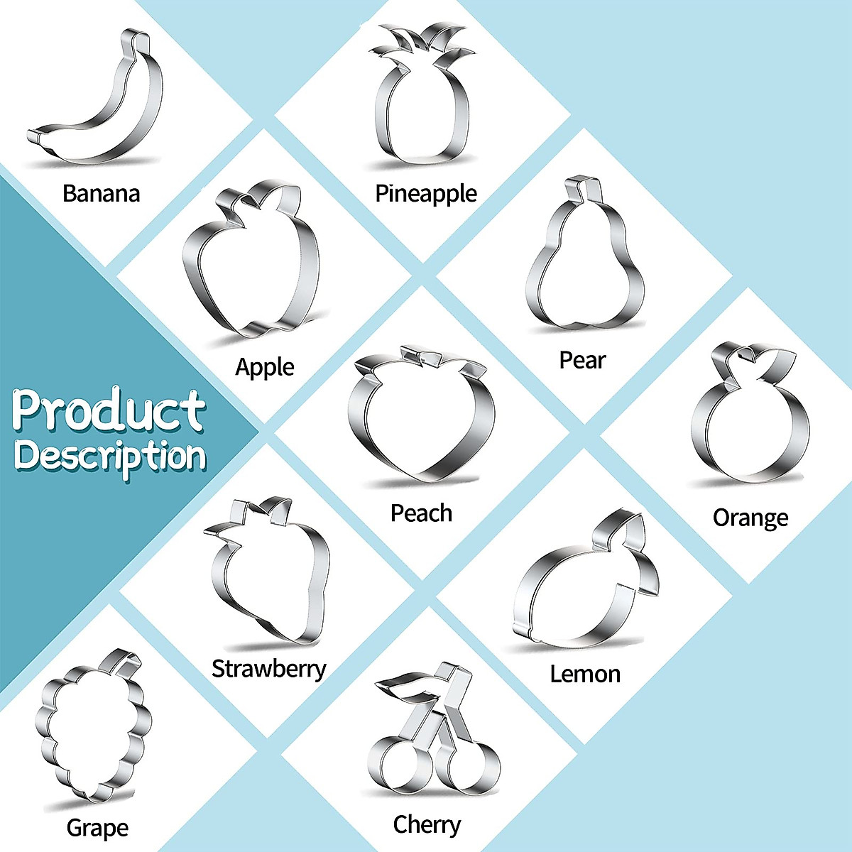 CookDaoMo Fruit Shapes Cookie Cutters Set of 10 Pcs, Stainless Steel Cookie Cutters Molds Banana, Pineapple, Apple, Pear, Peach, Orange, Strawberry, Lemon, Grape, Cherry Pattern Cookie Cutters