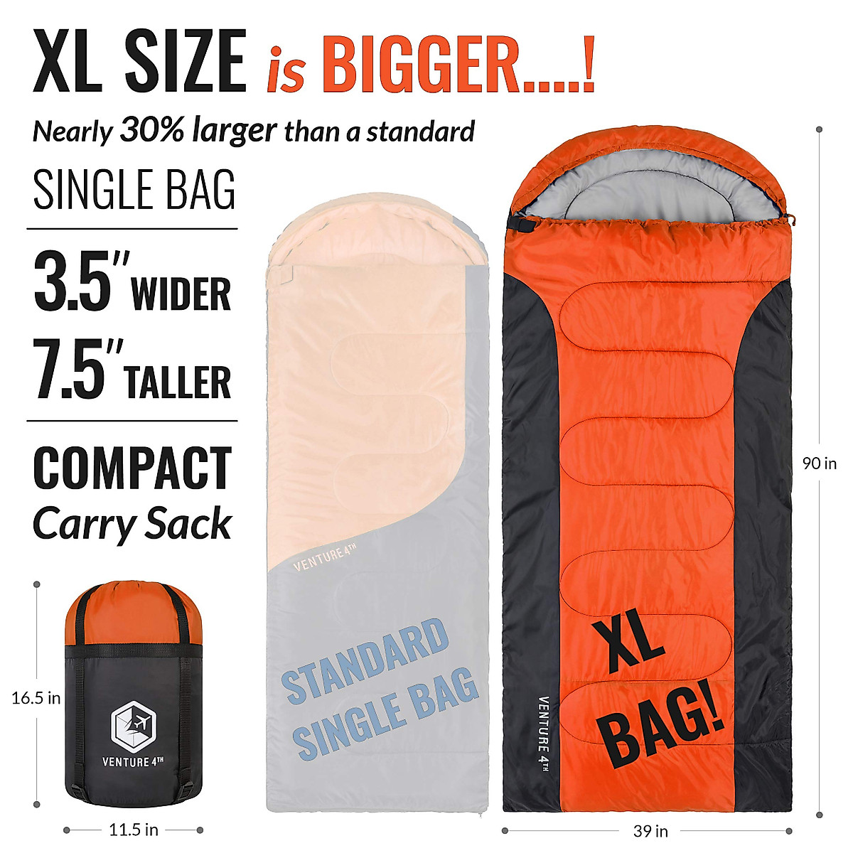 VENTURE 4TH 3-Season XL Backpacking Sleeping Bag, Camping Sleeping Bags for Adults & Kids - Lightweight, Comfortable, Water Resistant, Ideal for Hiking, Camping & Outdoor – Orange/Gray