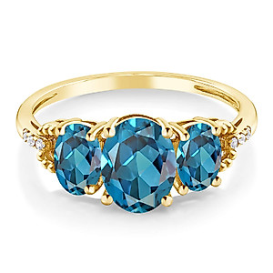 Gem Stone King 10K Yellow Gold London Blue Topaz and Diamond Accent 3-Stone Engagement Ring | 2.70 Cttw | 3 Stone Wedding Anniversary Promise Ring For Women | Size 5-9.5