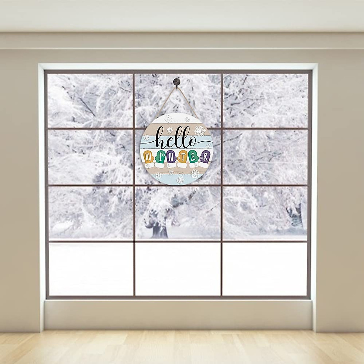 CHDITB Hello Welcome Winter Door Sign Decoration(12"x12"), Round Colourful New Year Wall Hanging Decor with Snowflake Gloves Mitten, Rustic Christmas Holiday Door Hanger for Front Porch Farmhouse