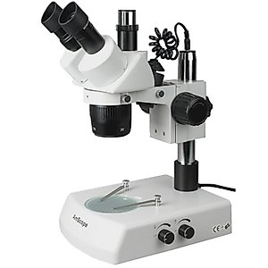 AmScope SW-2T24X Trinocular Stereo Microscope, WH10x Eyepieces, 10X/20X/40X Magnification, 2X/4X Objective, Upper and Lower Halogen Lighting, Pillar Stand, 110V-120V, Includes 0.5x Barlow Lens