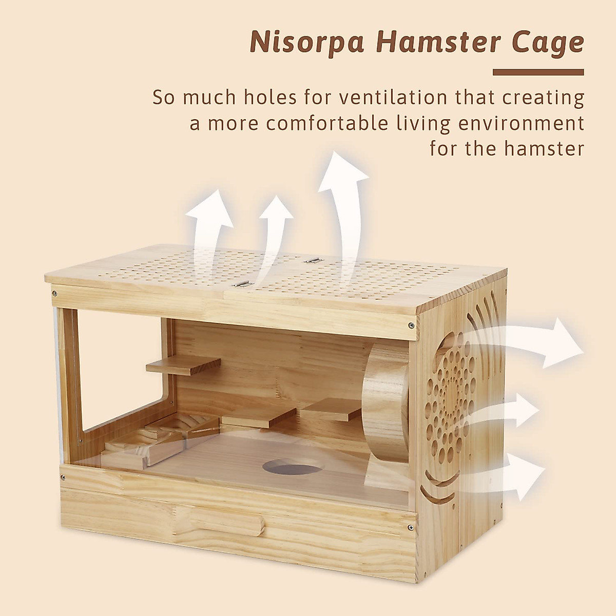 Nisorpa Hamster Cage, Wooden Hamster Habitats with Runner's Carousel & Acrylic Windows 2-Tiers Mice and Rat House Openable Top, Ventilator,Pull-Out Tray for Guinea Pig Chinchilla Small Animal