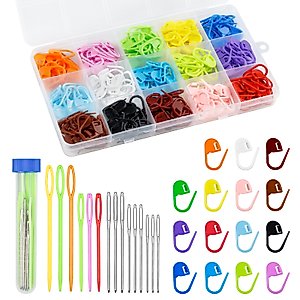 FIVEIZERO 220/900 Pieces Stitch Markers,with 15 Pcs Large Eye Blunt Sewing Needles,Colorful Crochet Stitch Markers for Knitting Stitch Locking Clips Crochet Pins with Storage Box