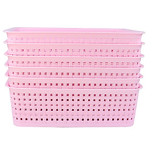Plastic Storage Baskets, Small Pantry Baskets for Organizing, Woven Basket Organizer Basket Bins for Shelves, Organizer and Storage for Bathroom, Bedrooms, Kitchens (Pink 6pcs)