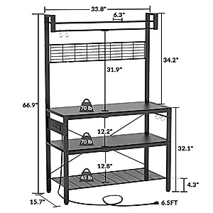 Bakers Rack with Power Outlet, 4-Tier Microwave Oven Stand, Coffee Bar Station with 10 Hooks, Large Kitchen Storage Shelf with Hutch, Black