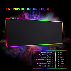 RGB Gaming Mouse Mat Pad - Large Extended Led Mousepad with 14 Lighting Modes 2 Brightness, Anti-Slip Rubber Base with Waterproof Coating Mouse Mat for Gamer 800×300×4mm/31.5×11.8×0.16 inch