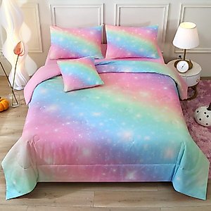 JQinHome Glitter Bedding Set Full Size,6 Piece Bed in A Bag 3D Colorful Rainbow Galaxy Comforter Set for Girls Kids-All Season Microfiber Tie-Dye Bedding Sets(Rainbow)