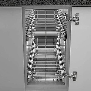 STORKING 2 Tier Wire Basket Pull Out Organizer Shelf Sliding Drawer Storage for Kitchen Base, Double-Tier Heavy Duty Cabinets Chrome-Plating, 21”W x 22”D Cabinet Opening Wire Frame Plating Finish