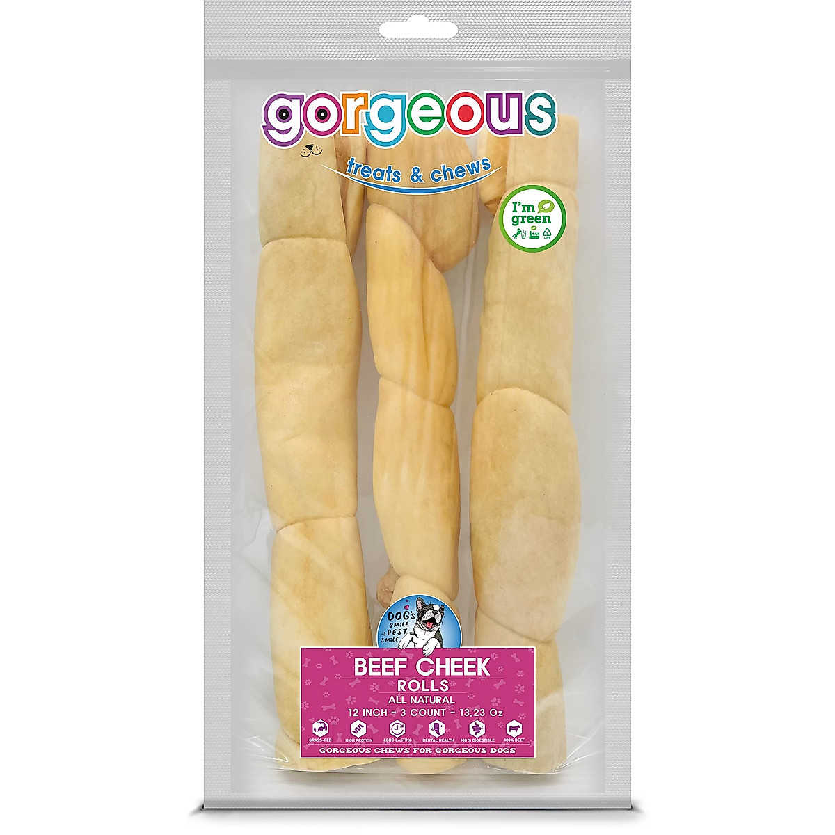 gorgeous treats and chews Beef Cheek Rolls | (12 Inch, (3 Count)) | Long Lasting | High in Protein | Good for Dental Health | 100% Digestible | All Natural Dog Chew