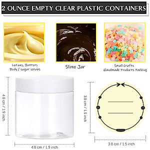 TUZAZO 2 OZ Plastic Jars Round Clear Cosmetic Container Jars with Lids and Labels, 24 Pack Small Plastic Jars for Lotion, Cream, Ointments, Makeup, Glitters, Samples, Travel Storage
