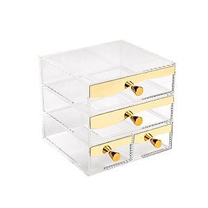 Gold Mirror 4-Drawer Desk Organizer, Makeup Organizer, Acrylic Storage Drawers, Light Weight with a Chic Blend of Clear and Gold Clear and Gold for Home, School, Office
