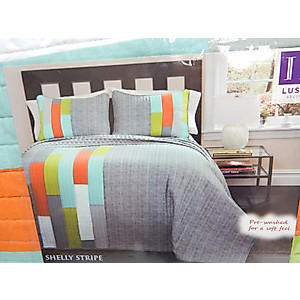 Lush Decor Shelly Stripe Quilt | Modern Geometric Pattern Reversible 3 Piece Bedding Set - Full/Queen - Orange & Gray