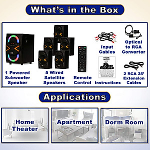 Acoustic Audio AA5210 Home 5.1 Speaker System with Bluetooth, LEDs, FM, Optical Input and 2 Ext. Cables