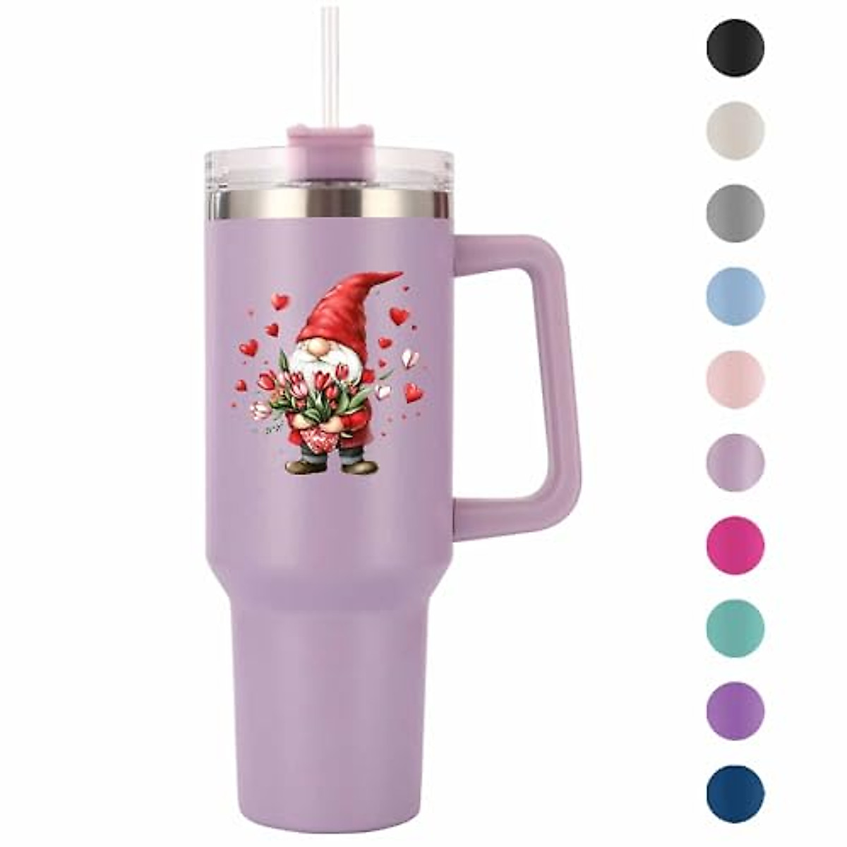 LB LEOBON 40 ounce insulated cup with handle, double-layer vacuum stainless steel material, equipped with straw, can keep warm or maintain cold drinks Gnome Love Bouquet P Fragrant taro purple