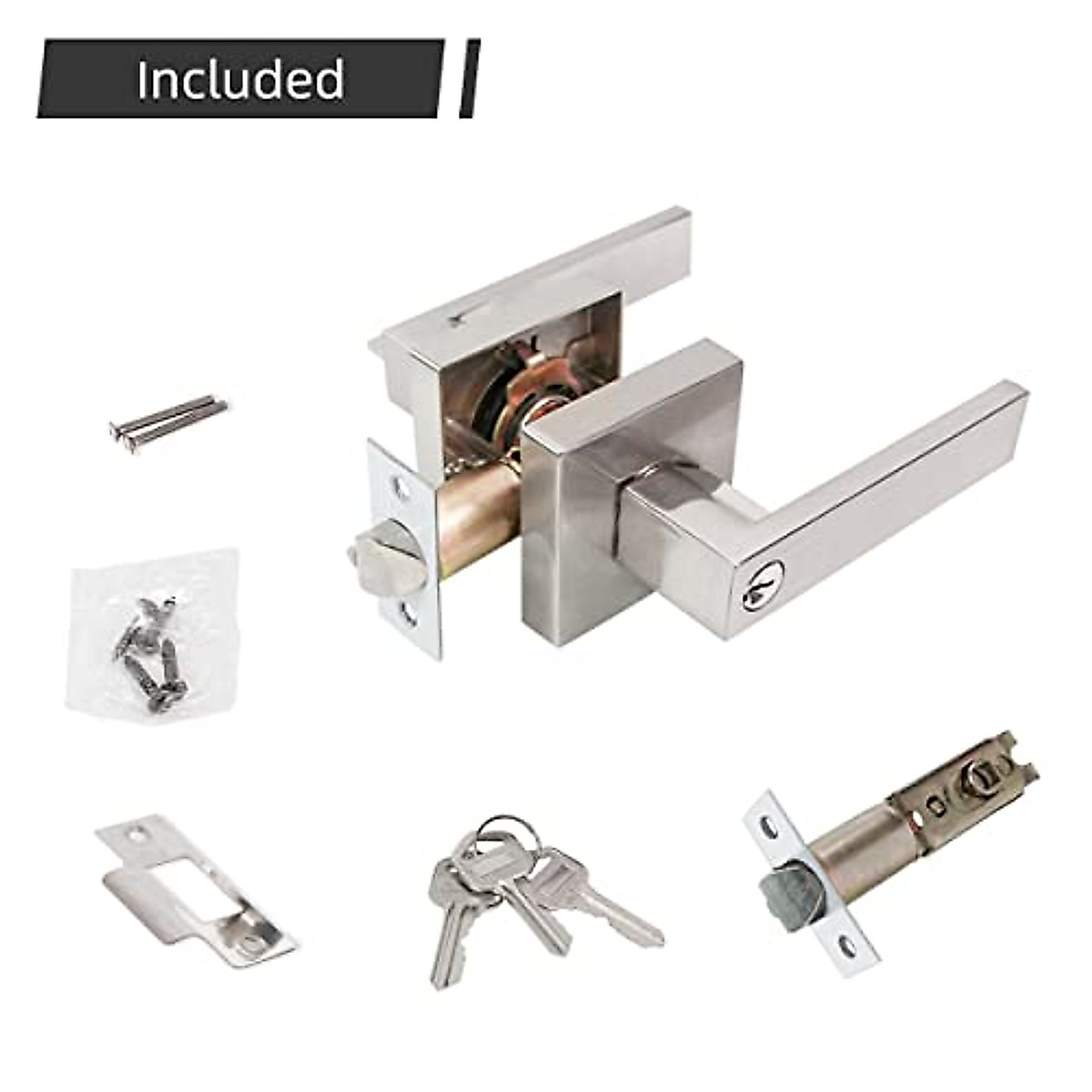 TooCust Square Front Door Handle with Lock, Heavy Duty Door Lock with Key, Brushed Nickel Door Levers with Adjustable Latch, Front Door Lock for Exterior/Interior, Left/Right Hand Reversible