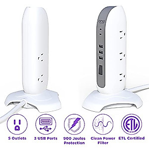 One Power by Promounts Desktop Power Strip Tower Surge Protector, 5 Outlets 3 3.1A USB Chargers, 900 Joules, LED Indicator, 6 ft Cable, Space-Save Flat Plug for Smartphone, Tablet, Laptop, Power Bank