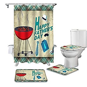 4 Pcs Bathroom Shower Curtains Sets With Rugs, Happy Father's Day, Luxury Toilet Lid Cover, Bath Mat，Waterproof Fabric Shower Curtain with 12 Hooks For Hotel/Bathroom BBQ Plaid Check Green